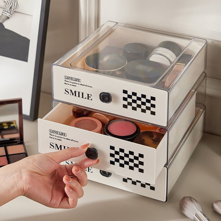 Plastic Stackable Makeup Organizer Desktop Cosmetic Storage Box with 3 ...