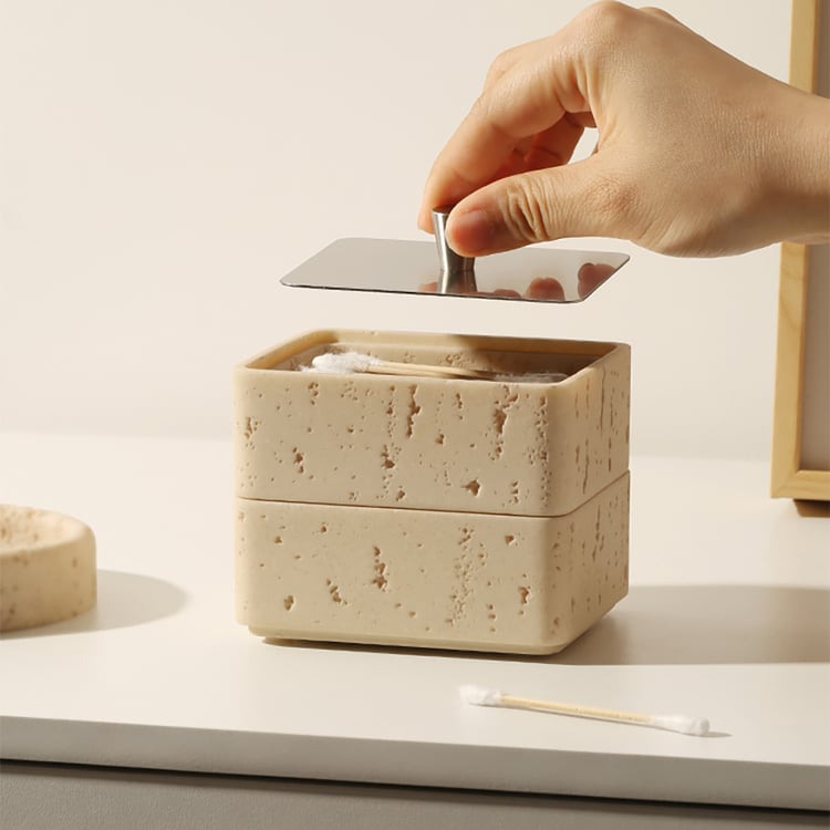 Square Travertine Cotton Swab Holder Dual-layer Storage With Stainless ...