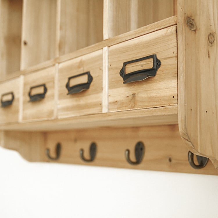 Solid Wood Wall Floating Partition Shelf Wall Cabinet with Hooks and Drawers Homary UK