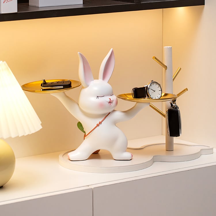 Cute Golden Rabbit Double Tray Desk Top Storage Resin Key Holder Home ...