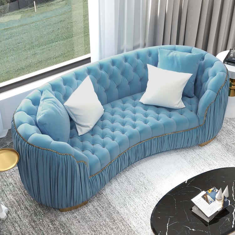 2100mm Luxury Modern Blue Velvet Curved Upholstered Tufted 3 Seater Sofa Homary UK