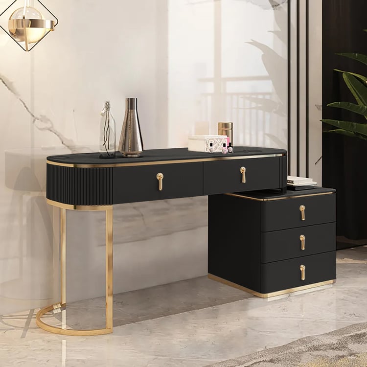 Pewter Black Nordic Makeup Vanity Extendable Sintered Stone Top 5 Drawer Dressing Table Homary