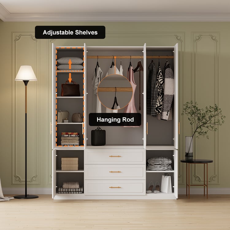 Modern Luxury White Wide Armoire Clothes Cabinet with 3 Drawers 6 Doors Homary