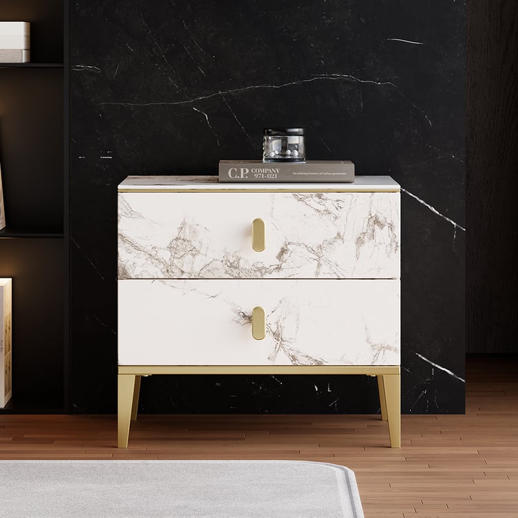 Modern White 2 Drawer Nightstand Marble Veining Bedside Table with ...
