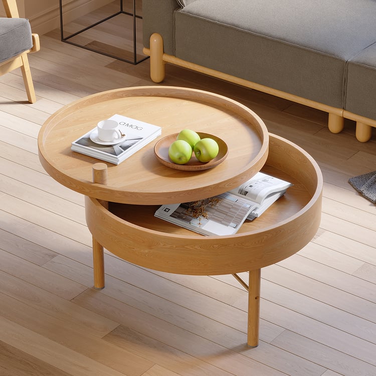Modern round swivel wooden coffee table with storage space natural metal legs Homary DE