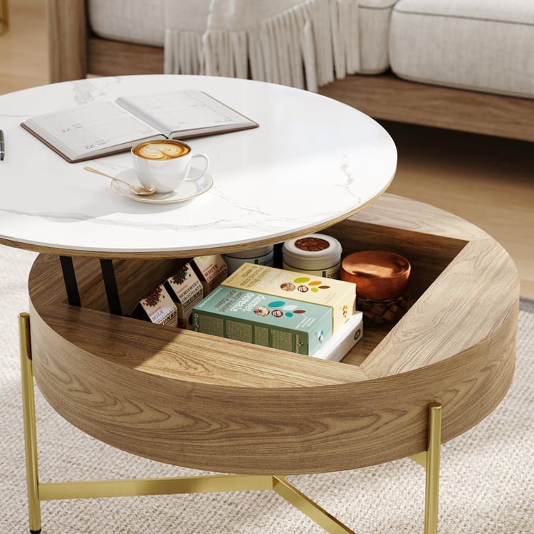 Round Lift Top Coffee Table with Storage White Natural without Stools Homary DE