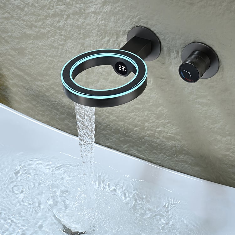 Round LED Digital Display Bathroom Faucet in Dary Gray｜Homary