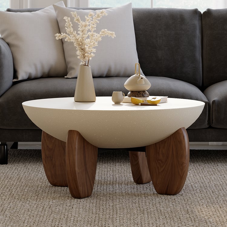 Round Small Modern Beige & Walnut Coffee Table Concrete & Wood Accent ...