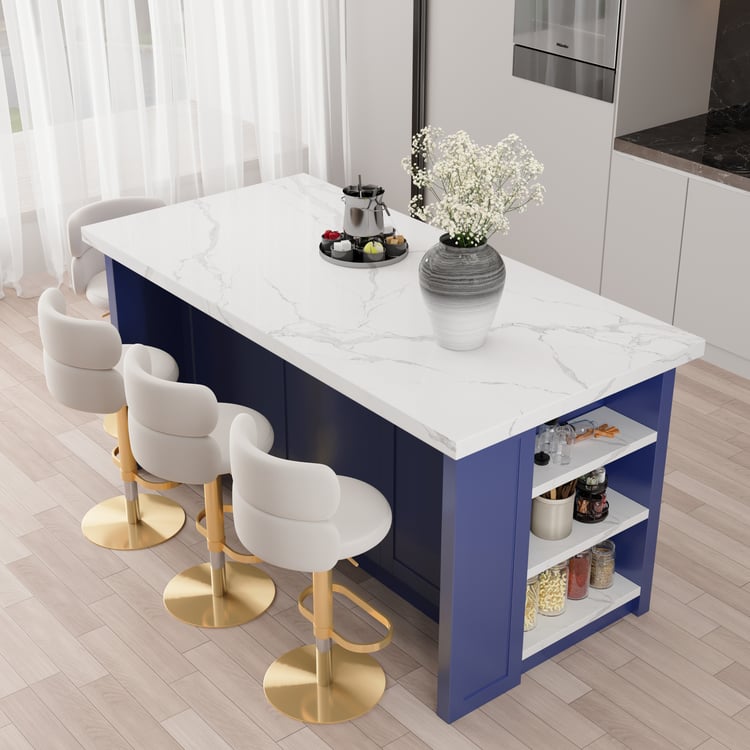 1830mm Large Blue Kitchen Island & with 4 Swivel Bar Stools Curved Back ...