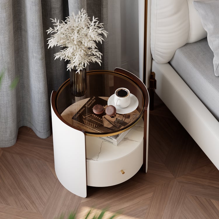 Modern round bedside table in white made of leather sintered stone with glass top and shelf Homary DE