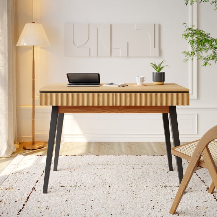 43.30" Natural Modern Desk with 2 Drawers & Tapered Legs | Homary
