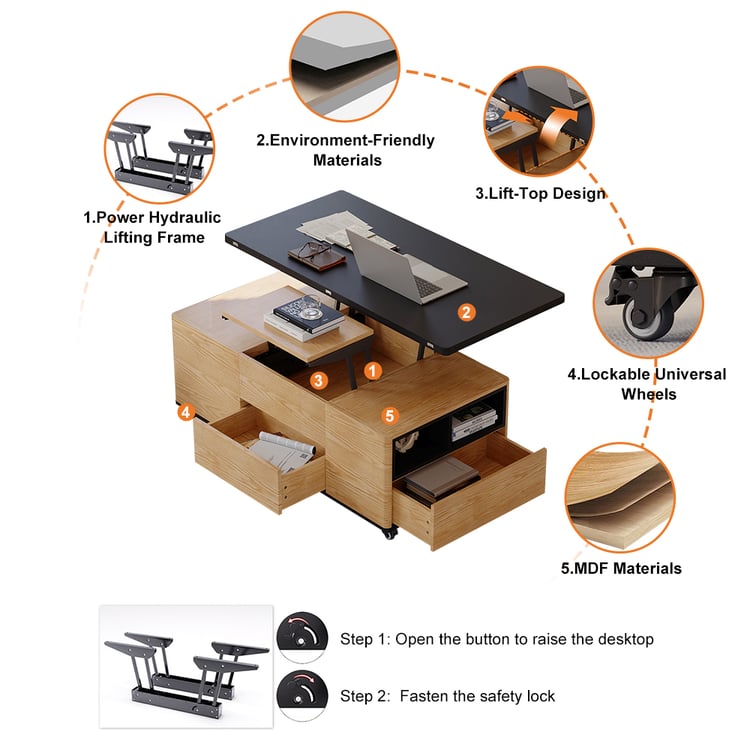 Modern Lift Top Coffee Table Multi Functional Table with 3 Drawers in Natural Black Homary UK