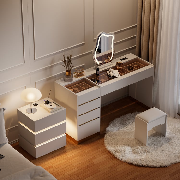 White 3 Drawer Nightstand with Light Modern Makeup Vanity Set with Lighted Mirror Homary ES