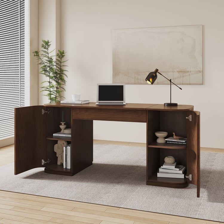 Modern Walnut Standing Writing Desk with 2 Doors Ample Storage Office Desk Homary DE