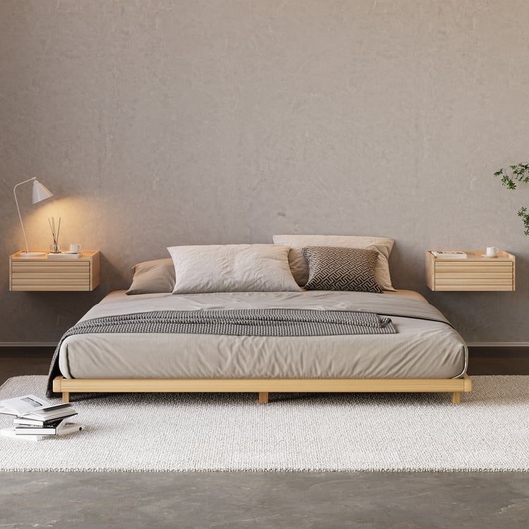 Bedroom Set of Japanese Style Queen Low Bed Frame Wooden Floor Bed in Walnut Wooden Floating Bedside Table with Charging Station