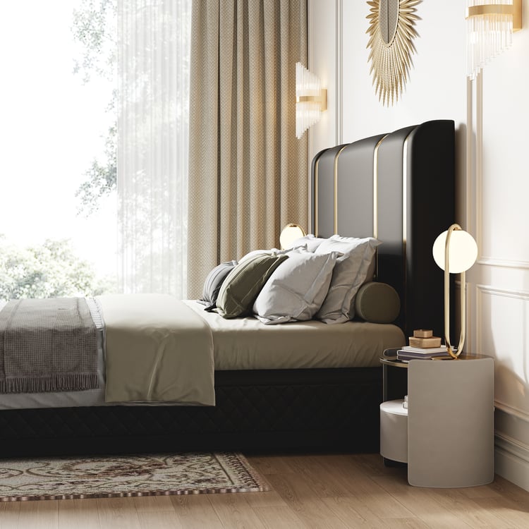 Cal King Faux Leather Upholstered Bed in Black Sunken Metal and Wood Bed Frame Homary UK