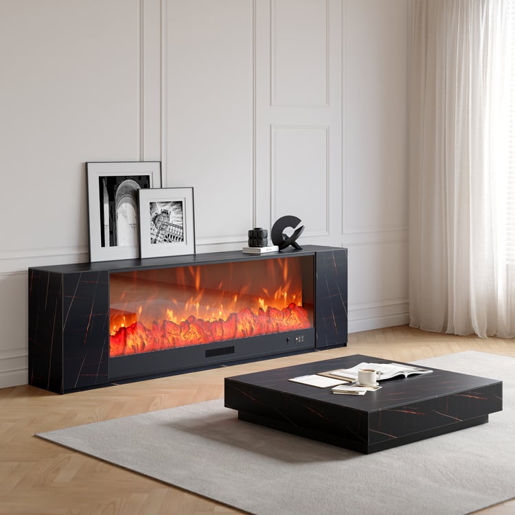 78.7 Modern Black Marble Veneer Sintered Stone Electric Fireplace TV Stand with Remote Control Temperature Adjustable Coffee Table Set
