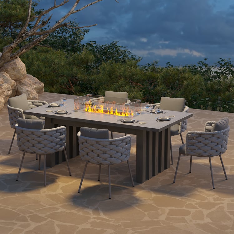 7 PCS Outdoor Propane Fire Pit Table & Rope Woven Armchair Rectangular ...