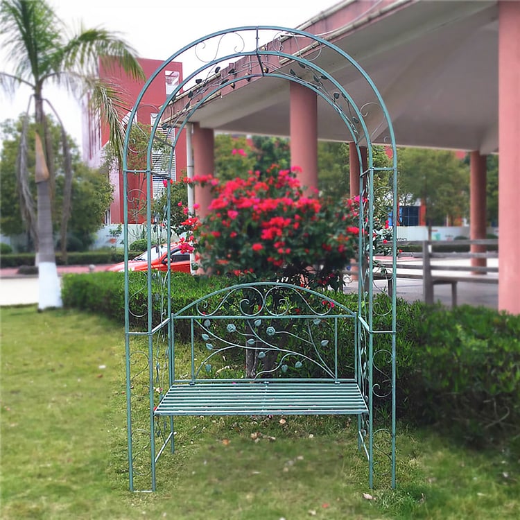 Distressed Wrought Floral Iron Arbor Trellis with Bench Double Chair ...