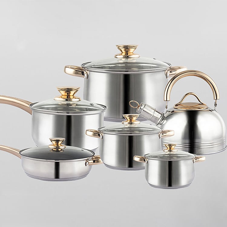 12 Pieces Stainless Steel Cookware Set With Gold Plated Handle Glass ...