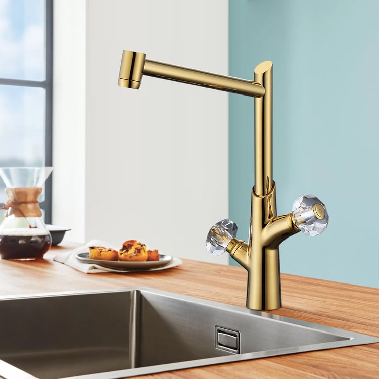 Gold 2 Crystal Handle Kitchen Sink Faucet 1-Hole Solid Brass | Homary