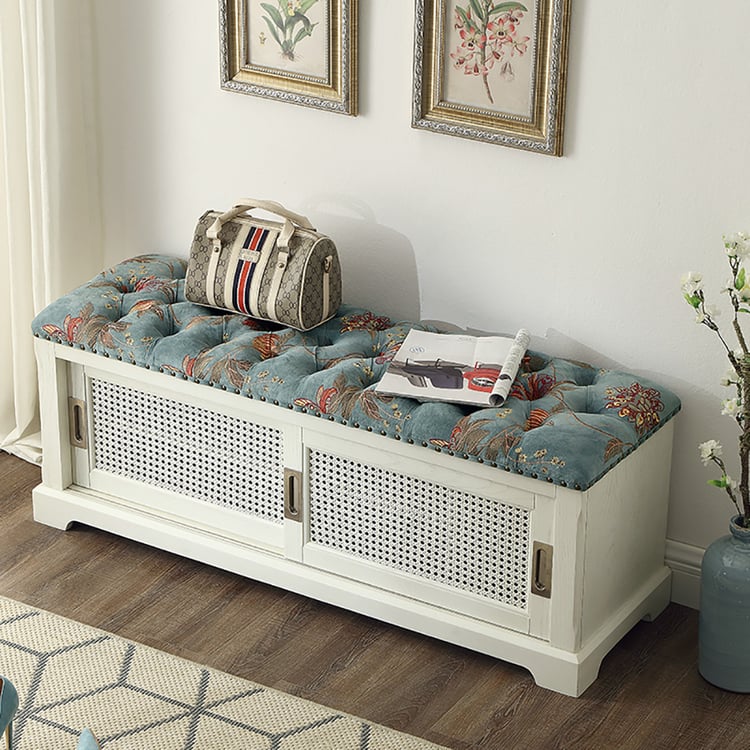 Retro Entryway Bench with Shoe Storage Floral Fabric Tufted｜Homary