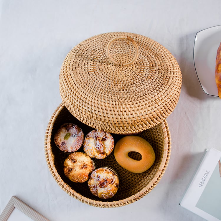 Rustic Modern Round Desk Organizer with Lid in Rattan | Homary UK