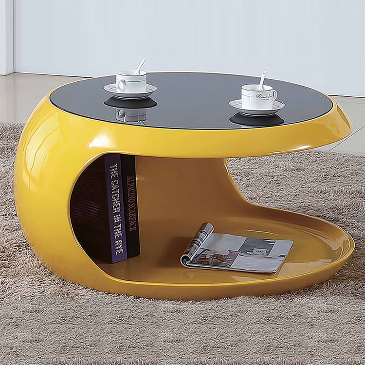 Yellow C-Shaped Coffee Table with Storage Tempered Glass Top ...
