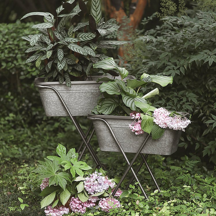 Rustic Metal Folding Plant Stand with Removable Floral Pot Set of 2 ...