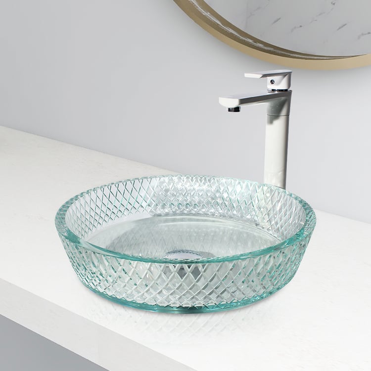 Vessel Transparent Circular Diamond Shaped Crystal Glass Bathroom Wash ...