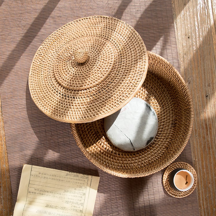 Rustic Straw Plaited Desk Organizer with Lid in Rattan | Homary UK