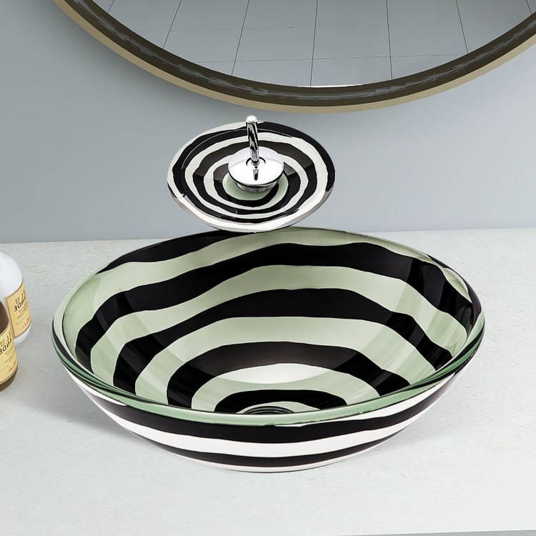 Zebra-Stripe Rounded Shaped Crystal Glass Bowl Bathroom Wash Basin with ...