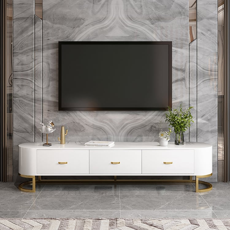 Oval TV Stand White Lacquered 3-Drawer Media Console ｜Homary