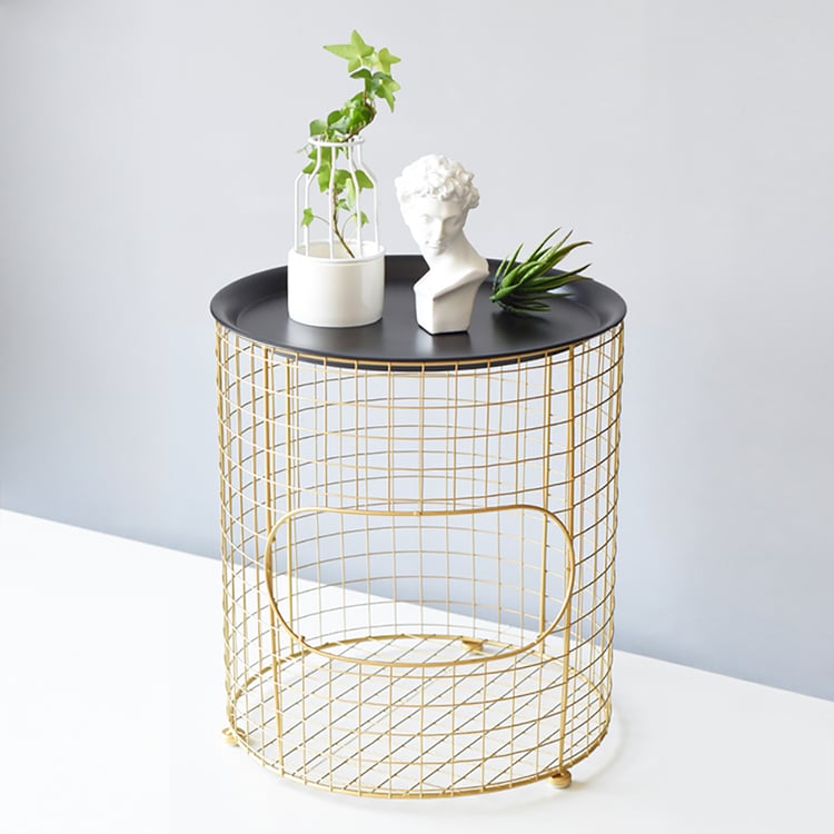 Metal Side Table with Storage Black Top & Gold Metal Frame｜Homary UK